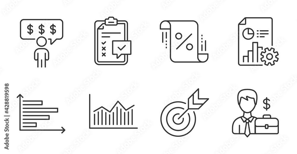 Money diagram, Loan percent and Businessman case line icons set ...