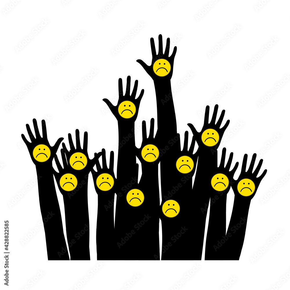Sad emoticon hands in the air, black hand silhouette on white ...