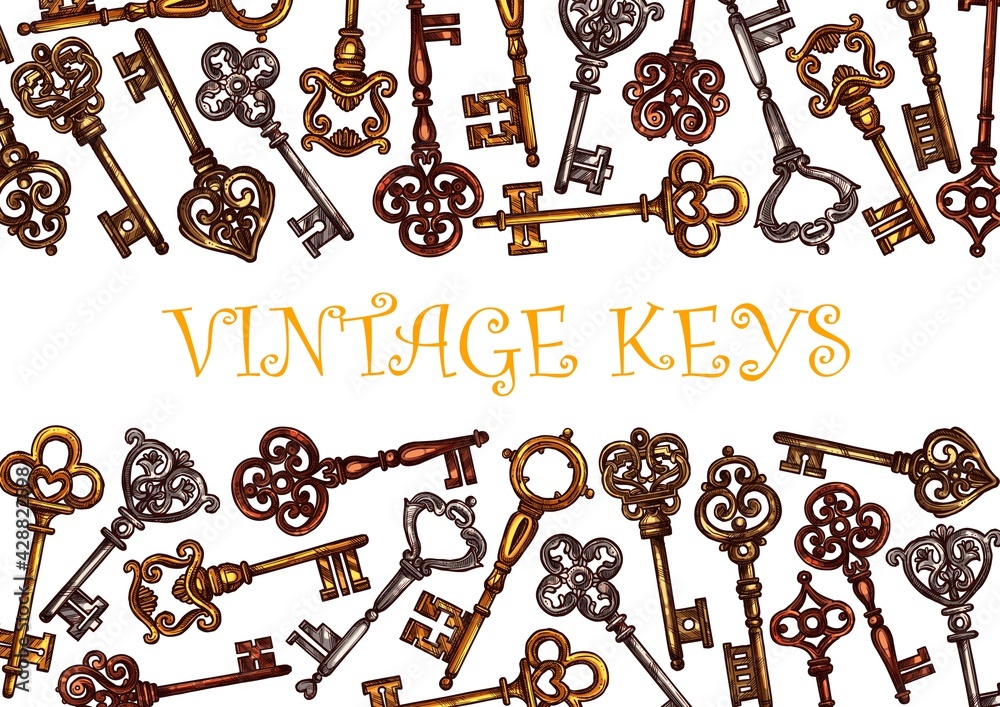 Vetor de Keys of vintage antique and golden old locks, vector banner ...