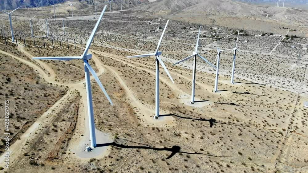 Windmills, wind turbines- aerial 4k drone push in, high angle, energy ...