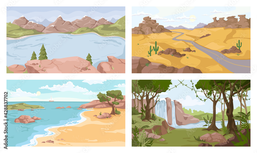 Landscapes set. Vector desert, sea and river, waterfall, sandy desert ...