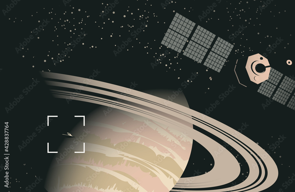 Space sci-fi background with UFO and satellite near the planet Saturn ...