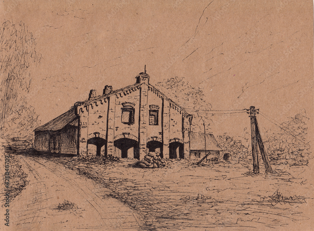 Hand drawn illustration with old Eastern European farmstead. Original ...
