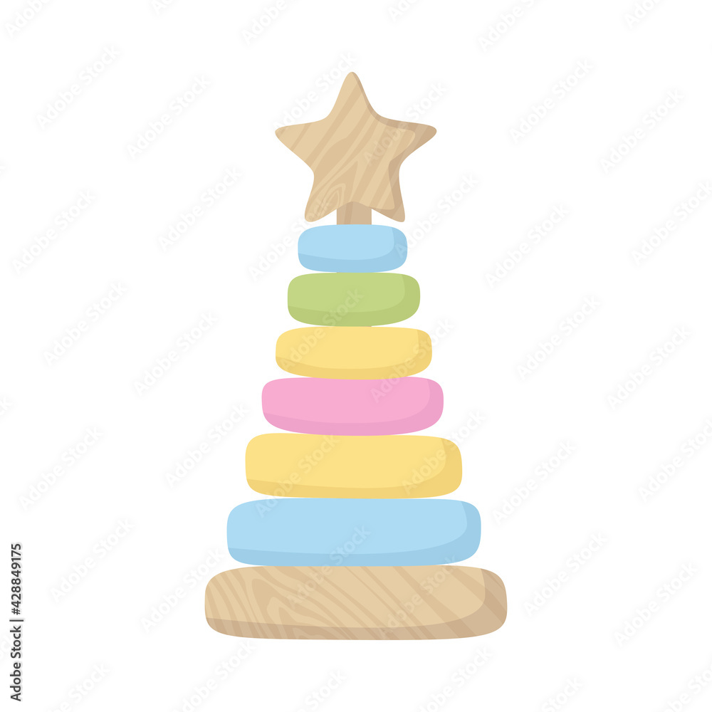 Vecteur Stock Assembled colorful wooden pyramid sorter toy. Building stack up ring tower ...
