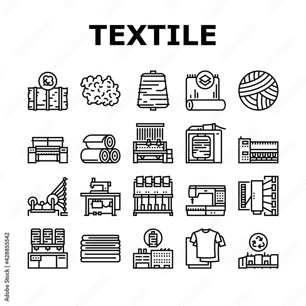 Textile Production Collection Icons Set Vector. Silk Thread And ...