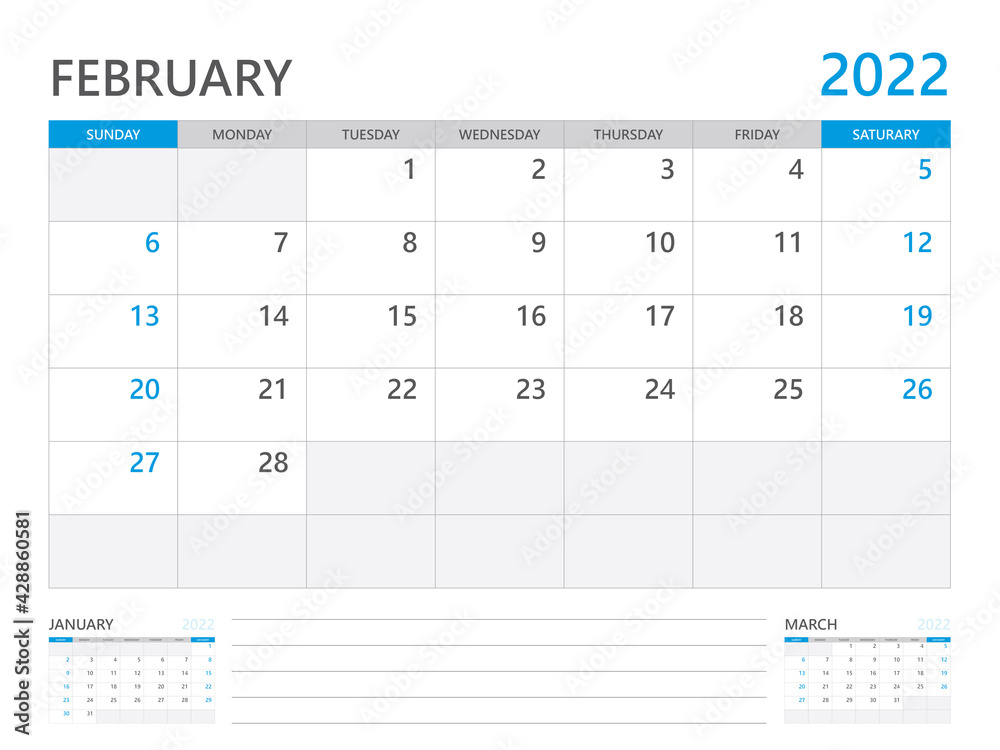 February 2022 year, Calendar planner 2022 and Set of 12 Months, week ...