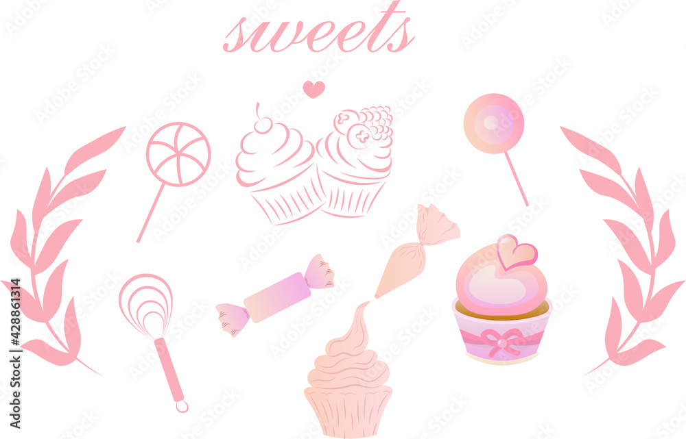 food, candy sweets vector pink set isolated on white background ...