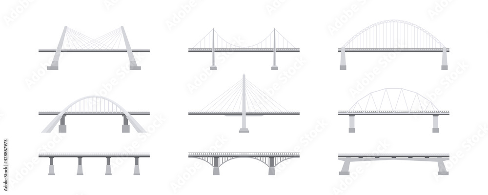 Set of road bridges. Collection of different types of bridges ...
