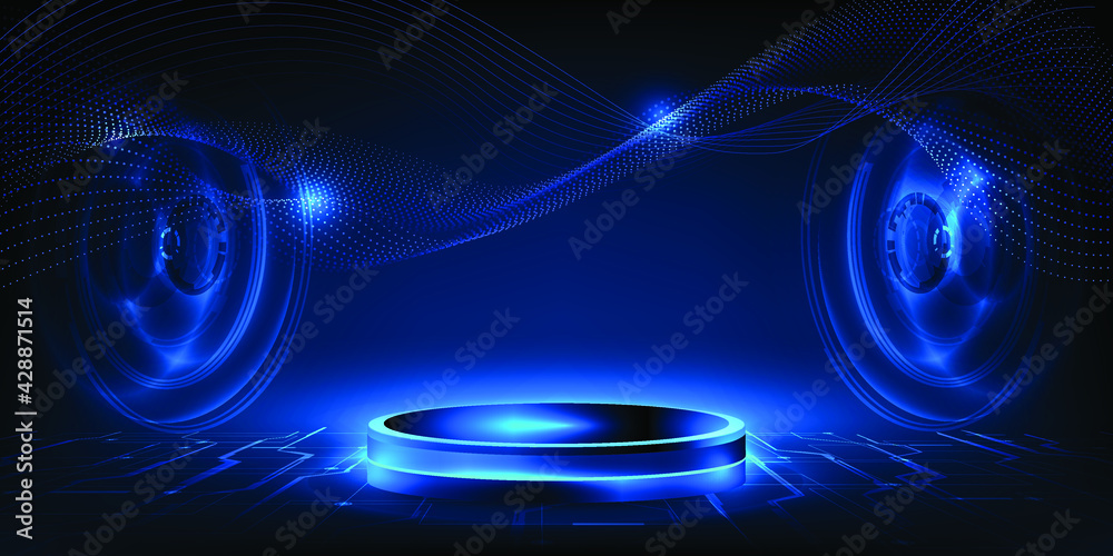Futuristic hall of digital technology with glowing blue pedestal podium ...