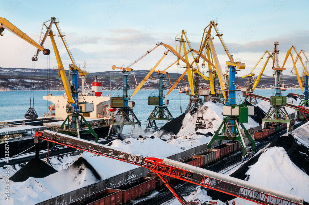 Coal terminal in the port, loading of coal into the holds of bulk ...
