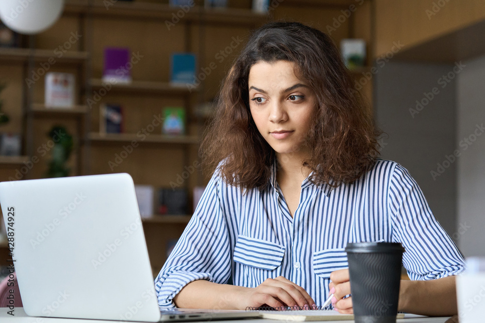 Young indian female student working on laptop in modern office ...