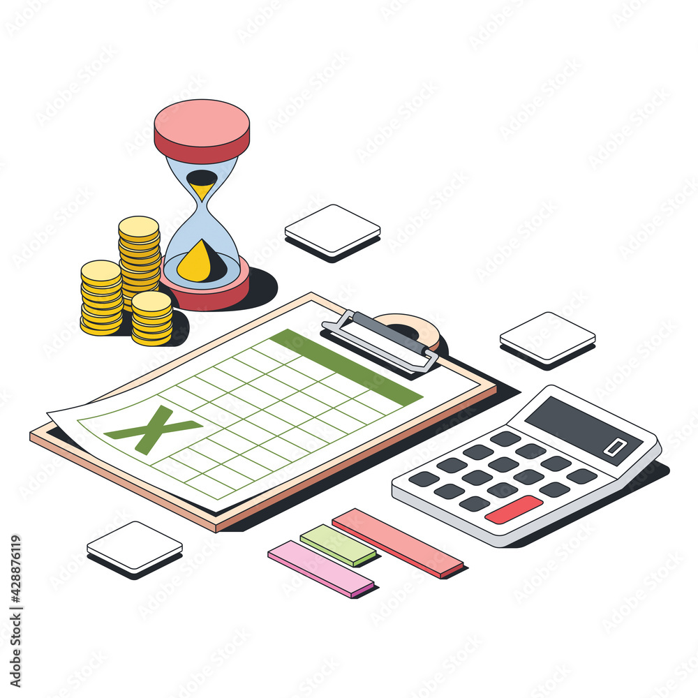 Hourglass and coins, table papers, calculator and graph. Vector 3d line ...