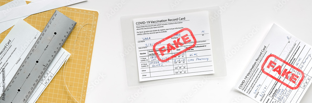 Banner, Fake covid vaccination record card. Covid scams. Forged health ...