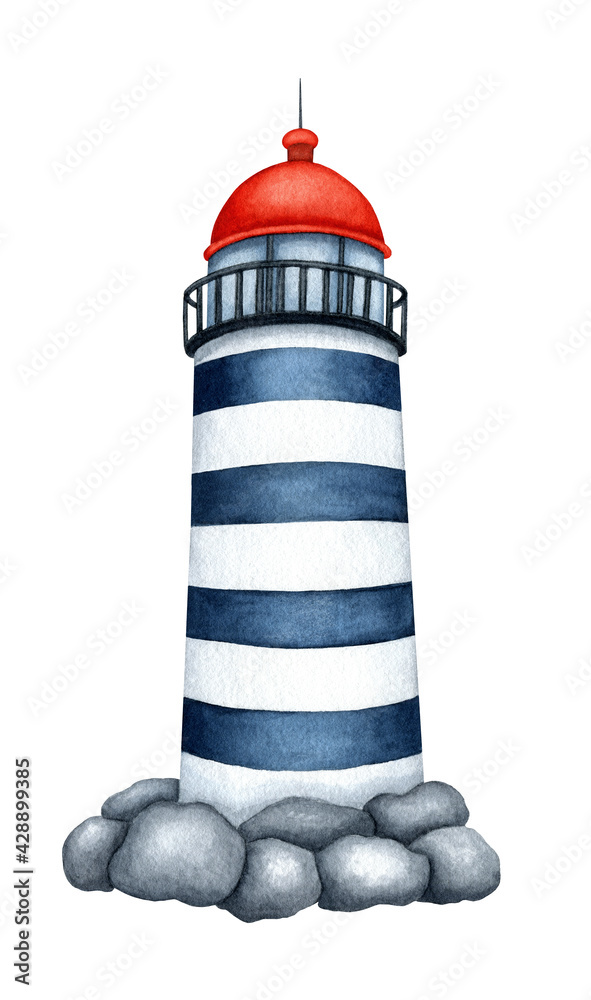 Watercolor blue white striped lighthouse with red roof on the rocky ...