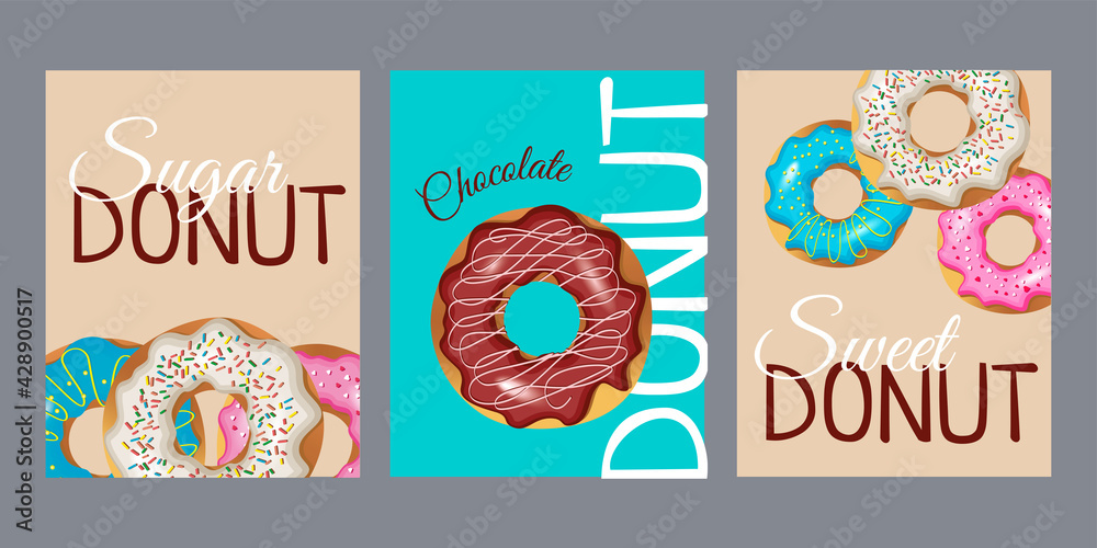 Set of mockups with donuts for the menu. Sweet sugar donuts on blue or ...