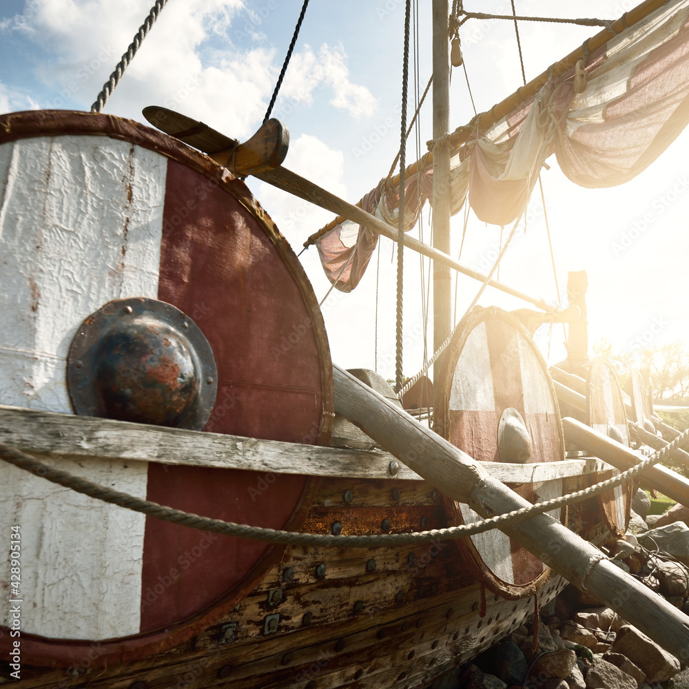 Old wooden viking snekkja longship type, close-up. Nautical vessel ...