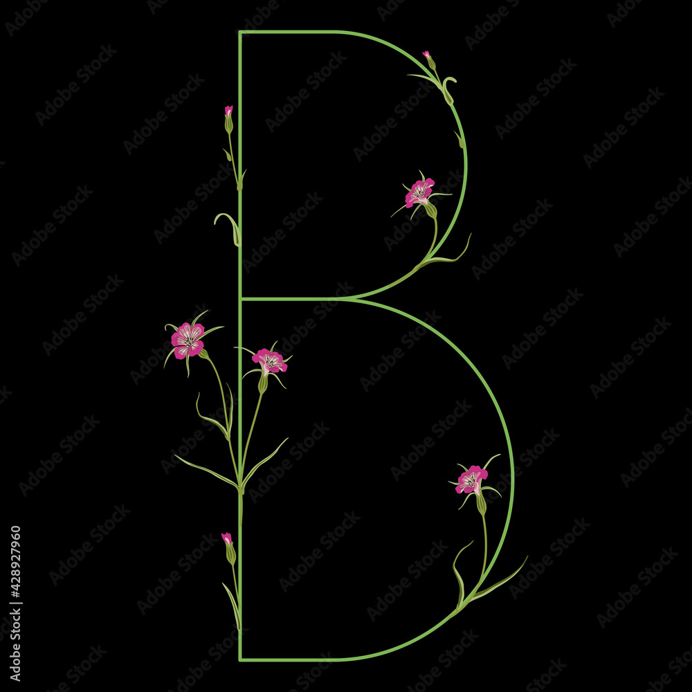 Capital letter B. Floral alphabet with wild carnation or corn-cockle ...