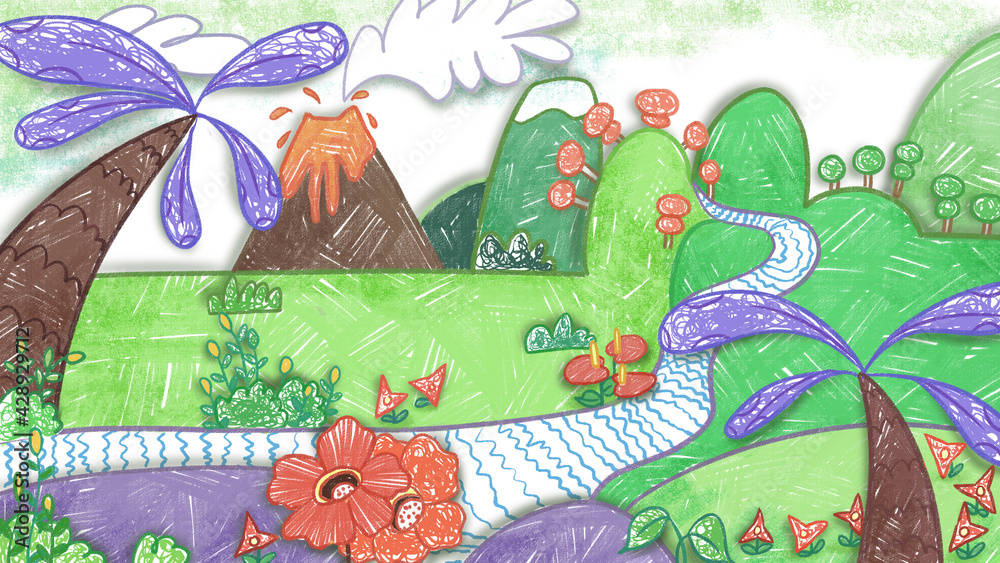 Center of Earth volcano Background Art Backdrop. Cute cartoon oil ...