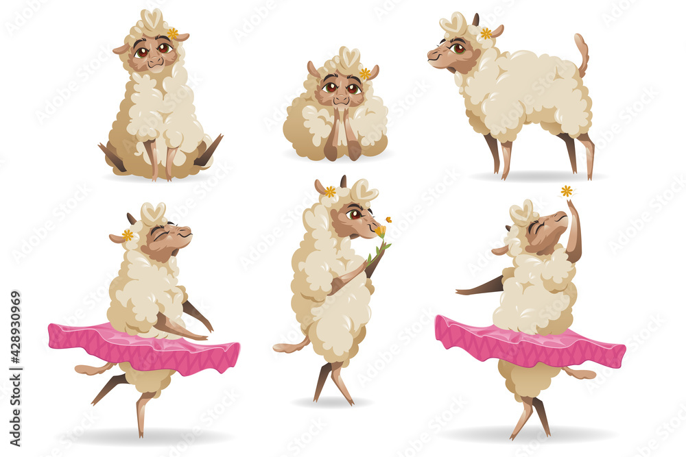 Cute sheep animal cartoon set. Little fluffy lamb mascot with cute face ...