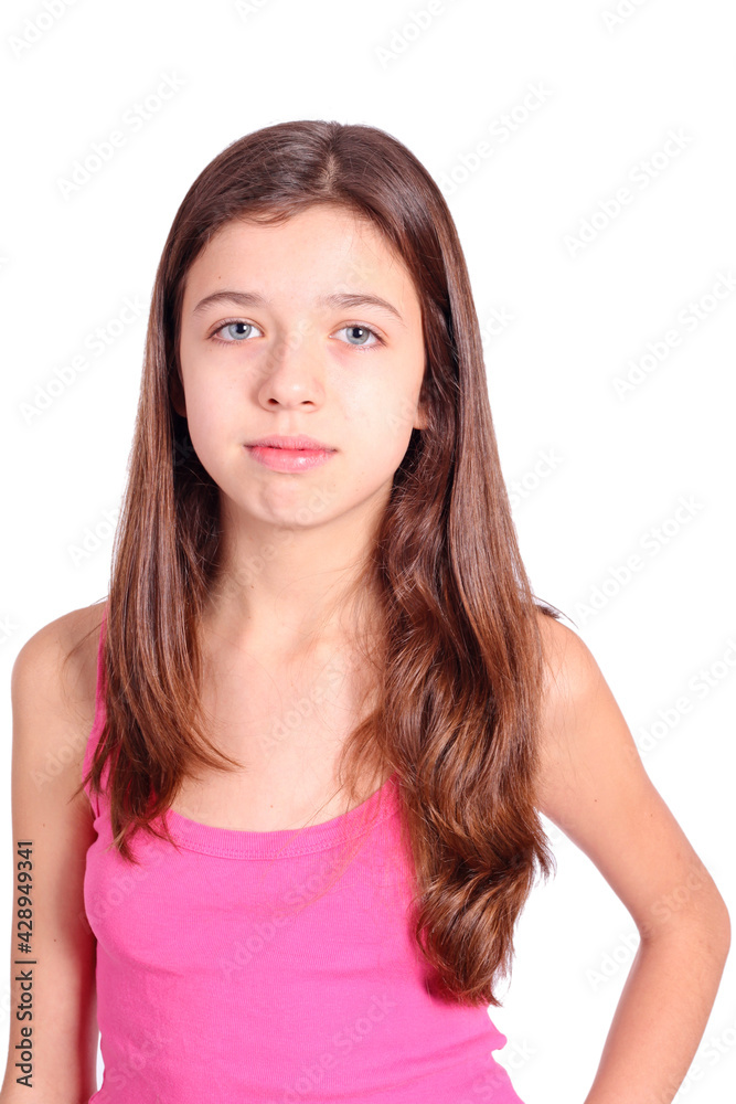 Beautiful young teen girl with brackets on teeth in white Stock Photo ...