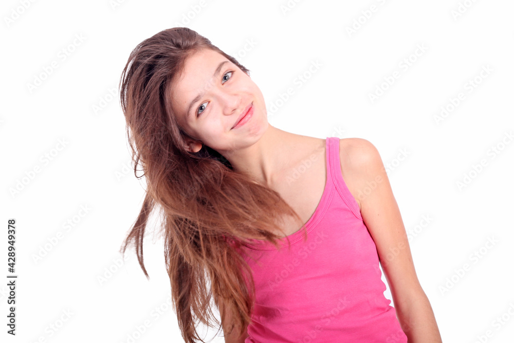 Beautiful young teen girl with brackets on teeth in white Stock Photo ...