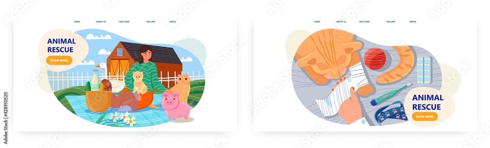 Animal rescue landing page design, website banner vector templates ...