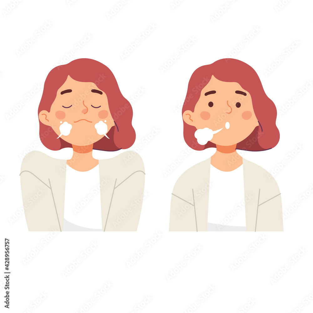 Women Doing Inhale Exhale Breath Exercise For Calm Stress Relief Stock