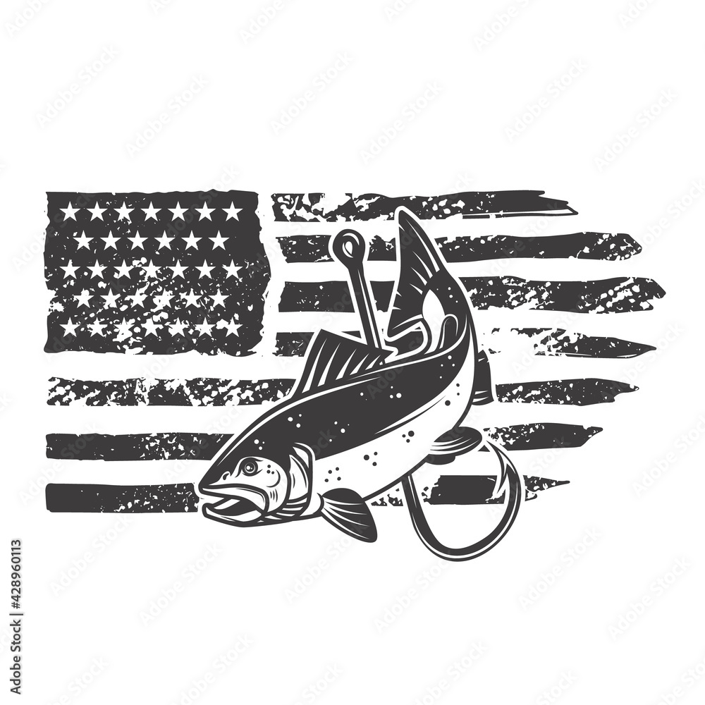 American flag with salmon fish illustration. Design element for poster ...