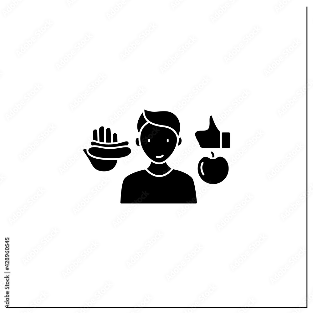 Mindful eating glyph icon. Practice mindfulness to eat. Careful food ...