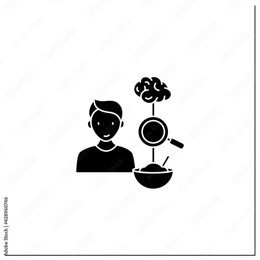 Mindful eating glyph icon. Tracking link between food and feelings ...