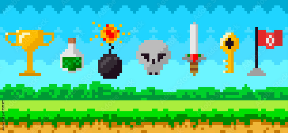 Pixel art game background with reward object in air. Pixel game scene ...