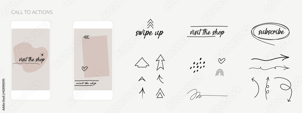 swipe up, subscribe, visit shop hand drawn vector stickers or icons ...