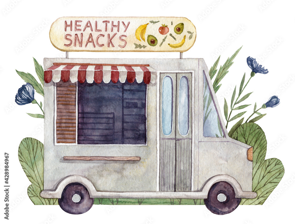 Food truck with healthy food. Watercolor hand painted illustration ...