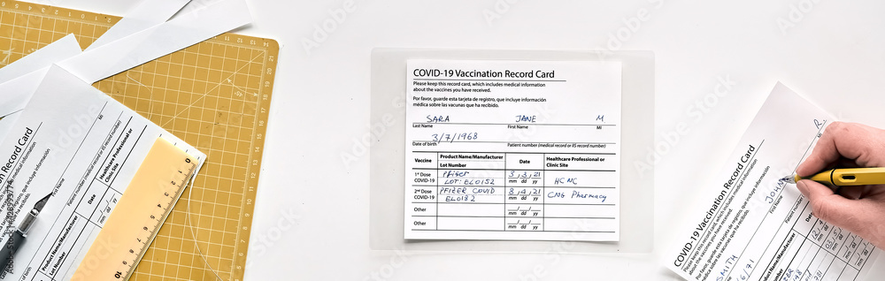 Banner, Fake covid vaccination record card. Covid scams. Forged health ...