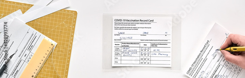 Banner, Fake covid vaccination record card. Covid scams. Forged health ...