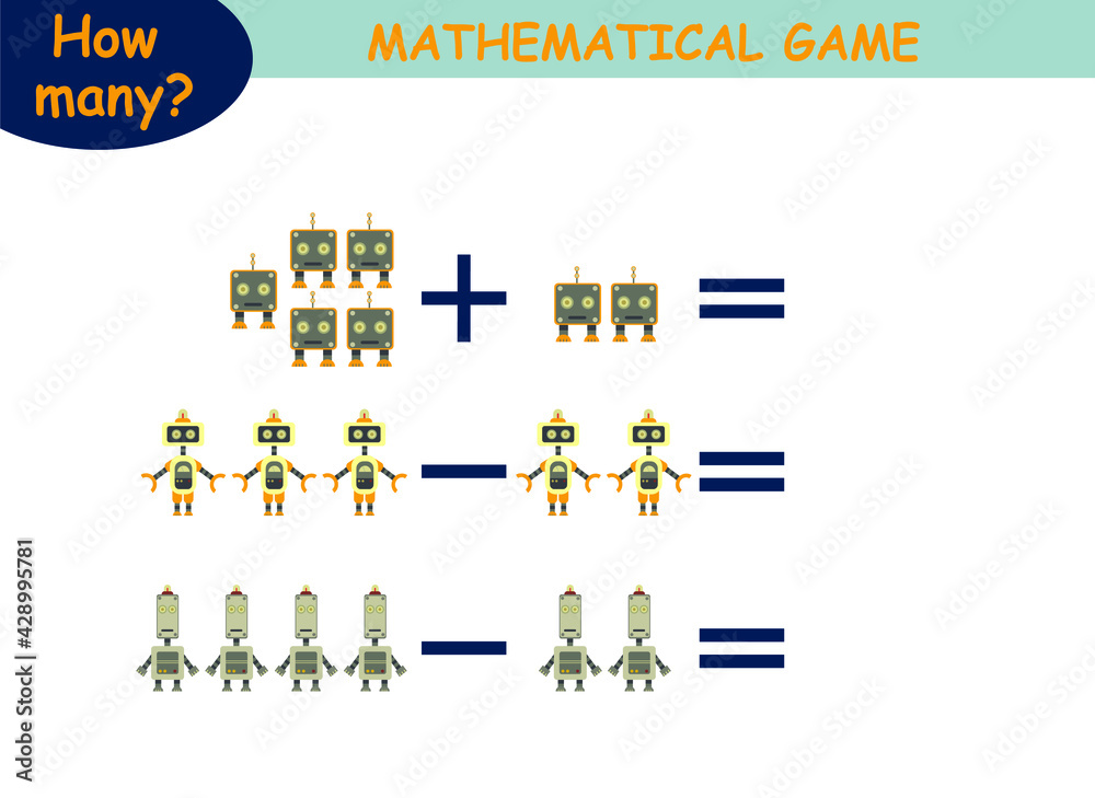 examples of addition and subtraction with robots. educational page with ...