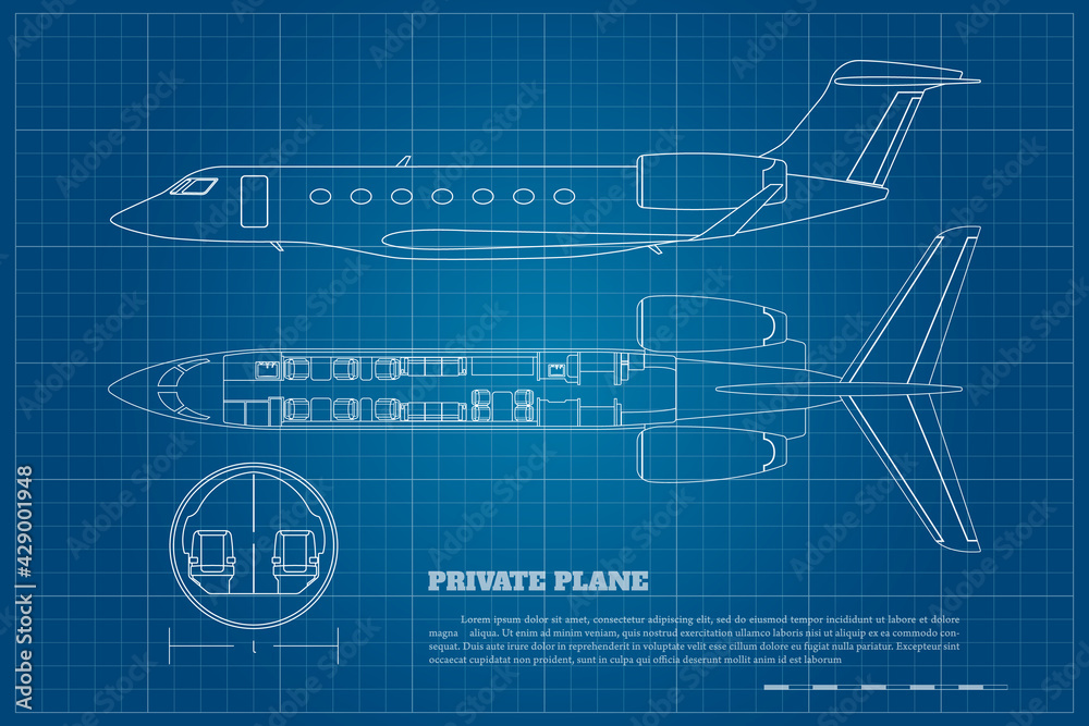 Outline private airplane interior. Side and top view of business plane ...