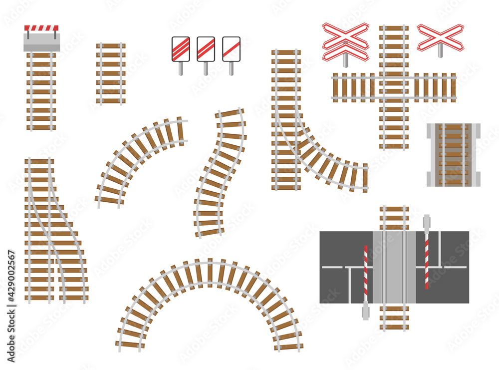Railroad or train tracks top view vector illustrations set. Collection ...