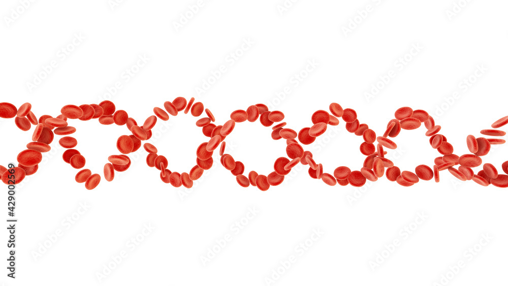 DNA. Red blood cells in spiral. Medical background. Isolated on a white ...