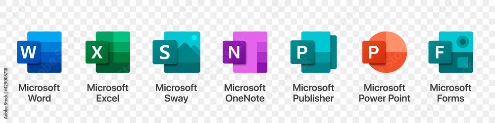 Set of Microsoft Office products logos on a transparent background ...