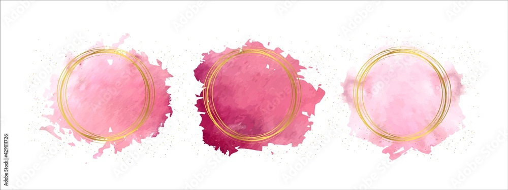 Pink paint brush strokes. Watercolour splashes set with golden circle ...