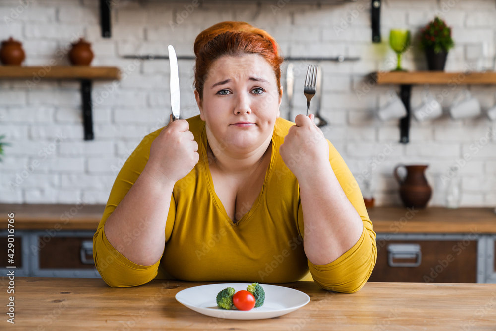 Starving caucasian fat obese woman on healthy diet for losing weight ...