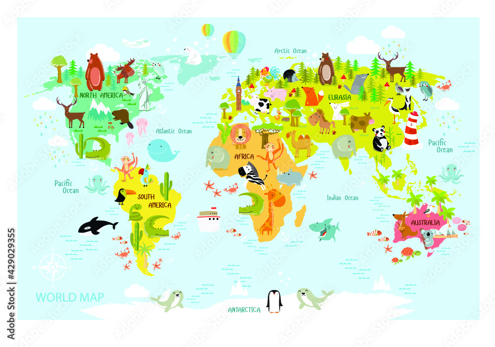 Fototapeta mapa świata dla dzieci World map with cartoon animals for ...