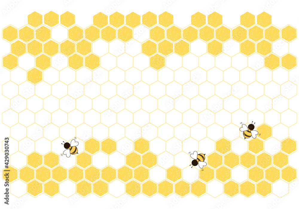 Beehive honeycomb with hexagon grid cells and bee cartoons on yellow ...
