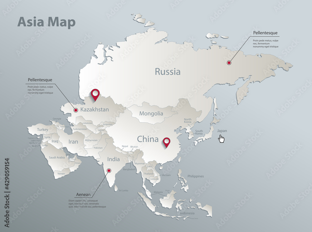 Asia map, separate states with names, blue white card paper 3D vector ...