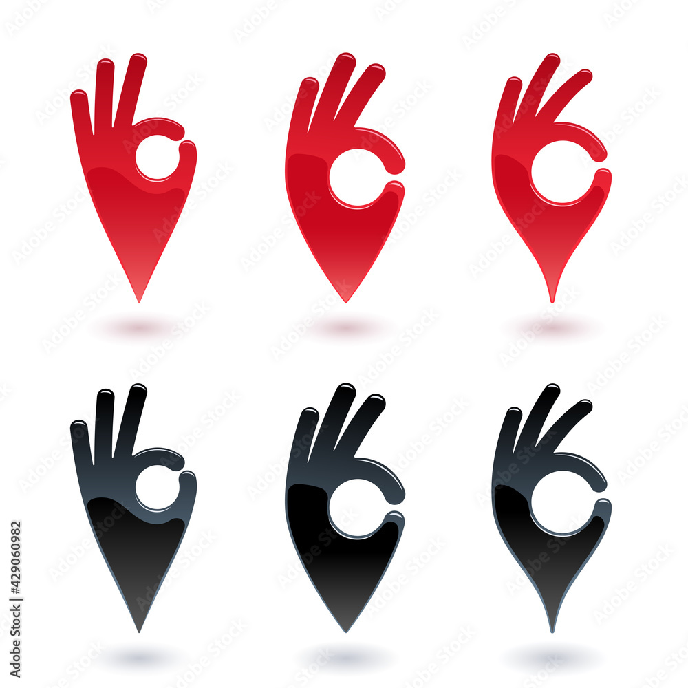 Vector set of OK signs to mark some perfect place on a map. Red and ...