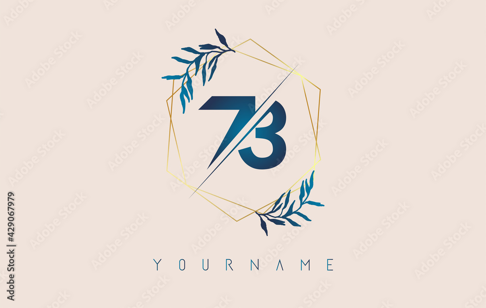 Number 73 7 3 logo with golden polygon frames and gradient blue leaves ...