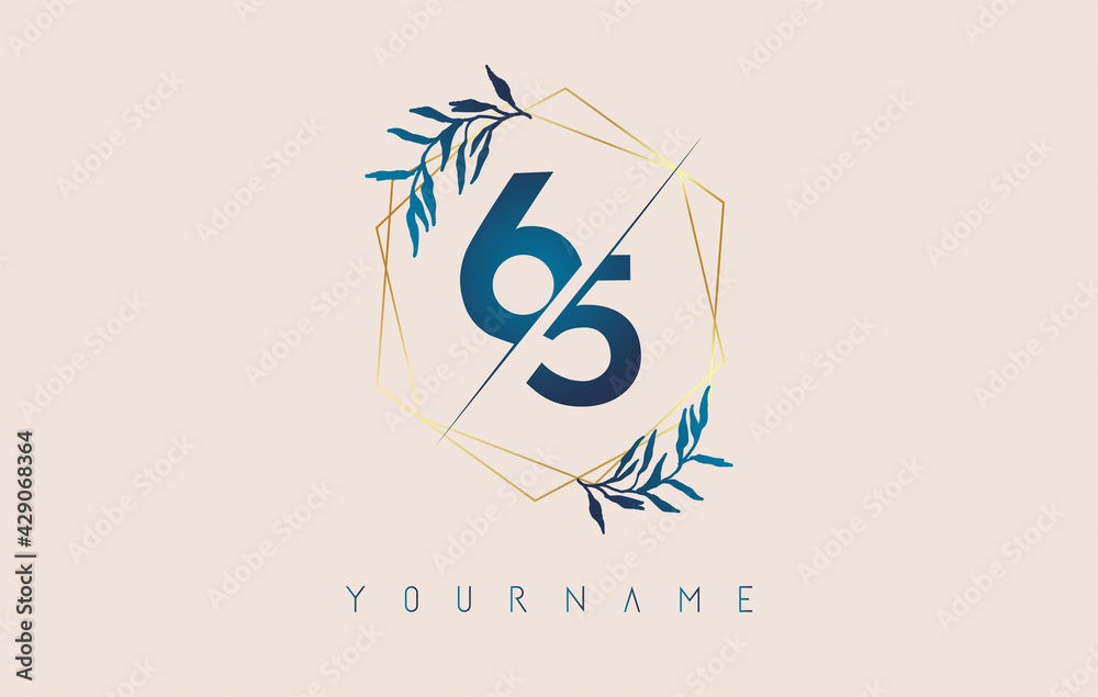 Number 65 6 5 logo with golden polygon frames and gradient blue leaves ...