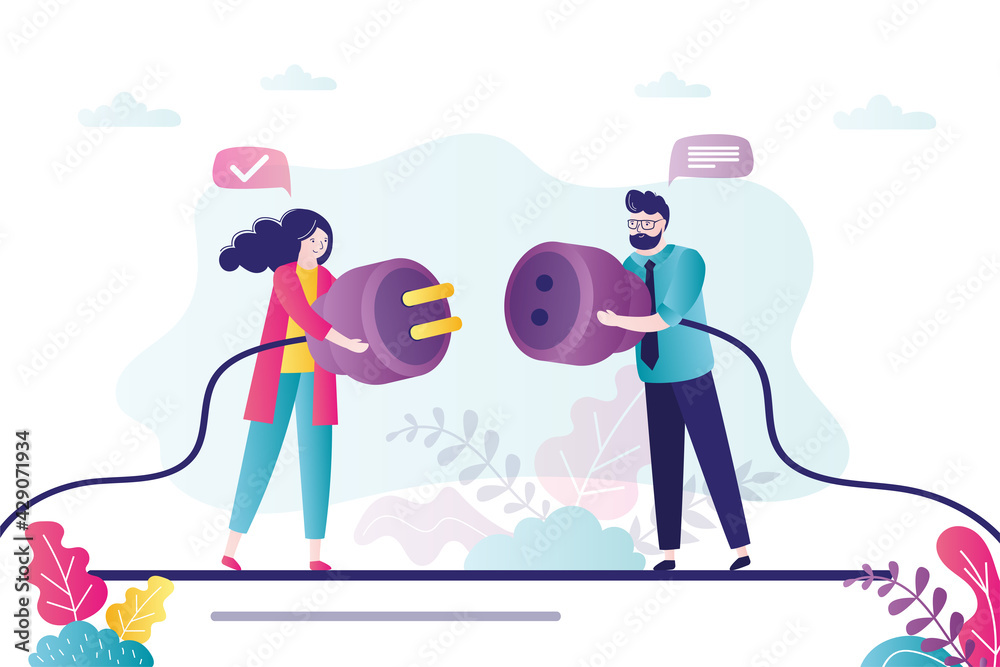 Two business people connect wires. Male and female character pull plugs ...