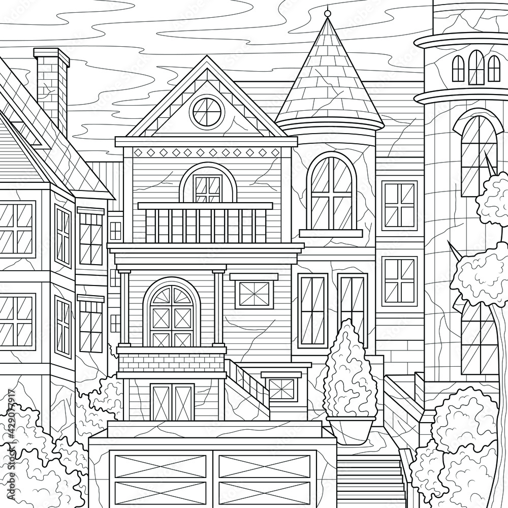 Street of beautiful houses.Coloring book antistress for children and ...